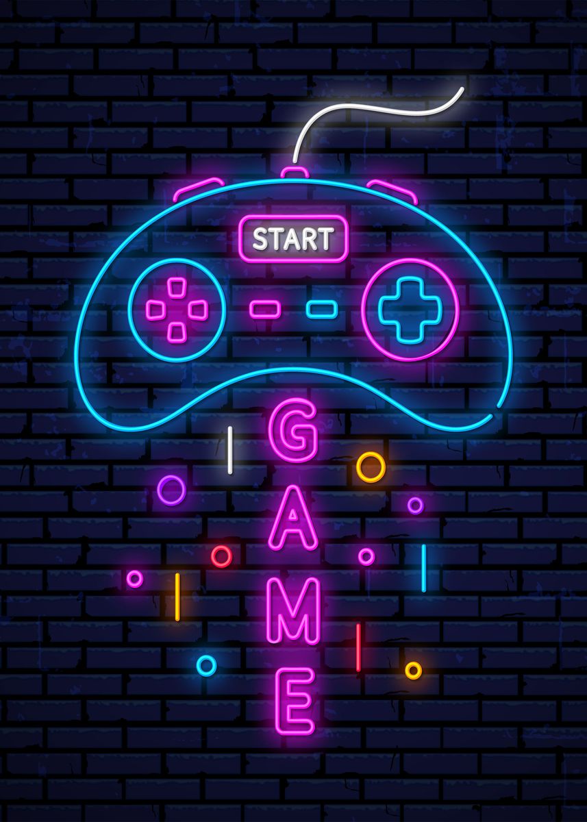'New game neon sign ' Poster, picture, metal print, paint by ...