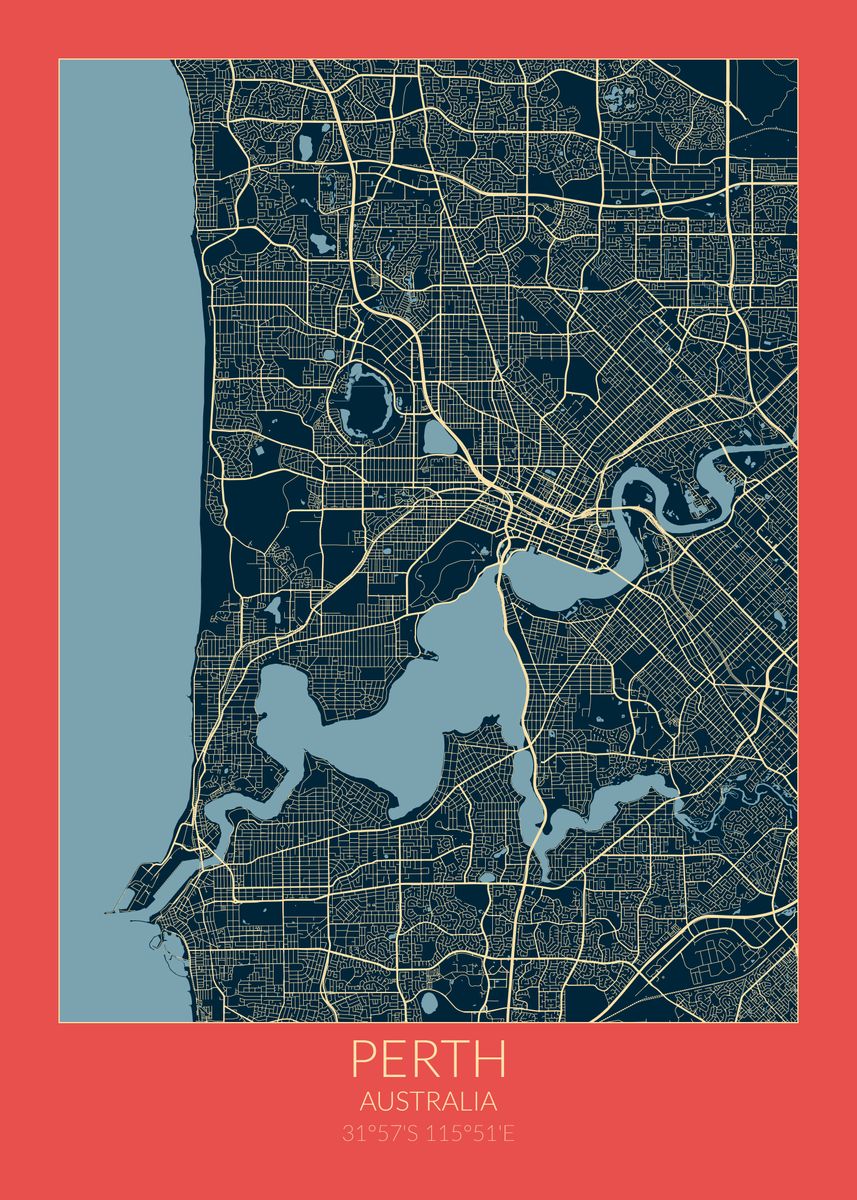 'Perth Map Red Blue' Poster, picture, metal print, paint by dkDesign ...