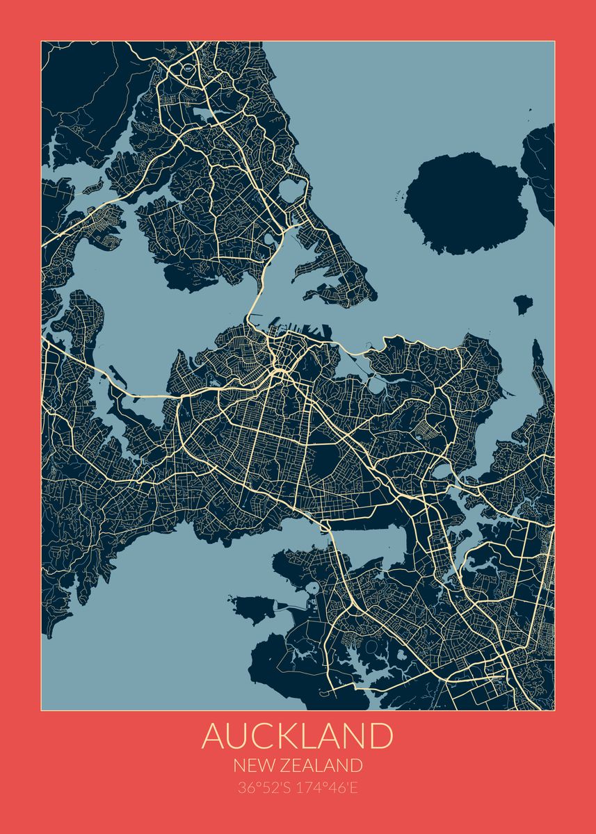 'Auckland Map Red Blue' Poster, picture, metal print, paint by dkDesign ...