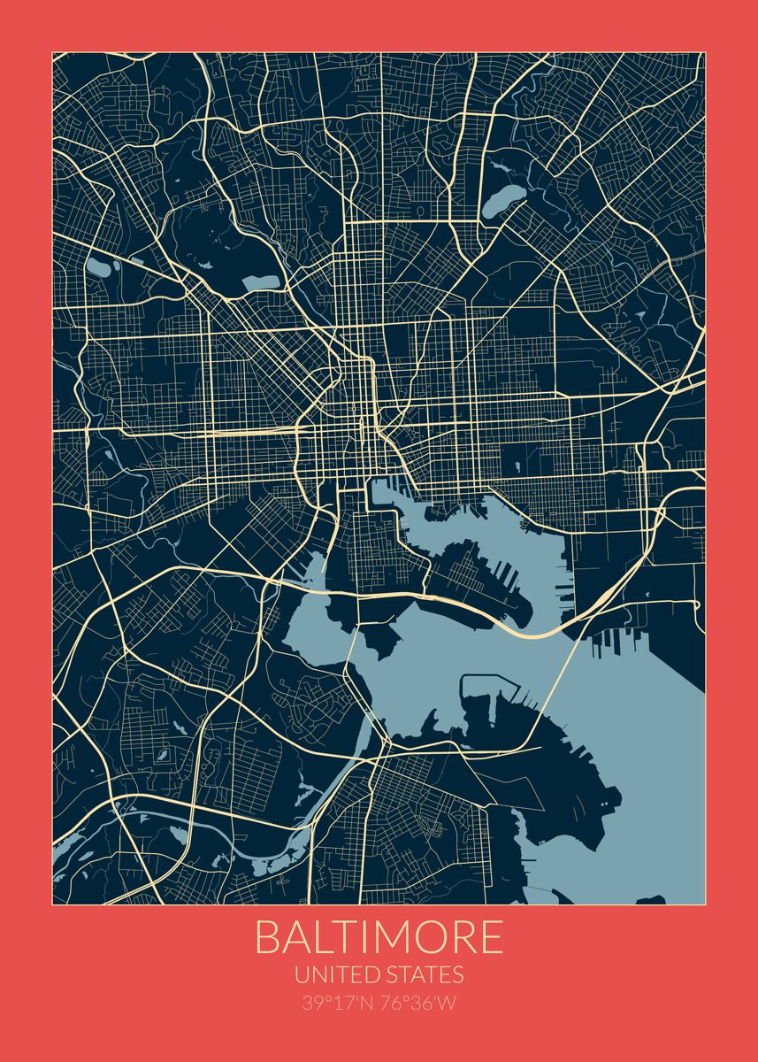 'Baltimore Map Red Blue' Poster, picture, metal print, paint by dkDesign | Displate