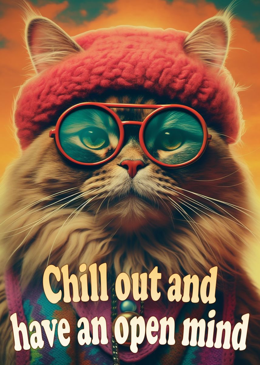 'Hippie chill cat' Poster, picture, metal print, paint by Vendzi | Displate