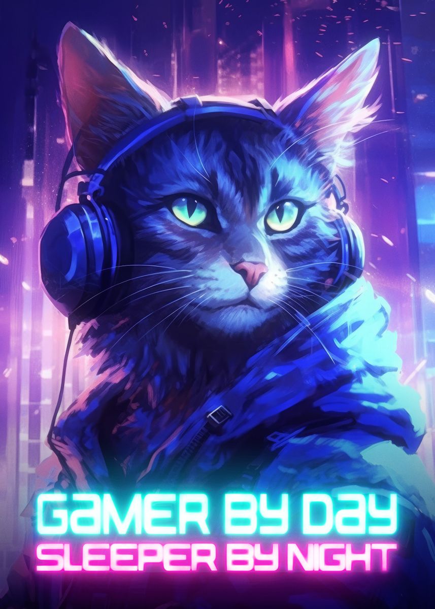 'Cat Gaming Gamer By Day' Poster, picture, metal print, paint by Pucaaa ...