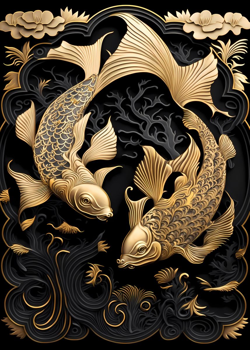 'Golden Koi Fish Art Deco' Poster, picture, metal print, paint by Luong ...