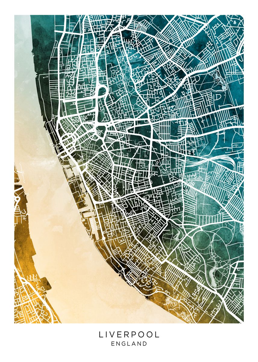 'Liverpool England Map' Poster, picture, metal print, paint by Michael ...