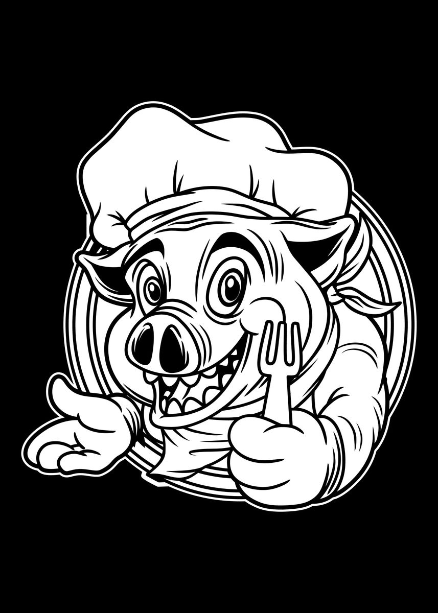 'Pig Chef Mascot BnW' Poster, picture, metal print, paint by hendra ...