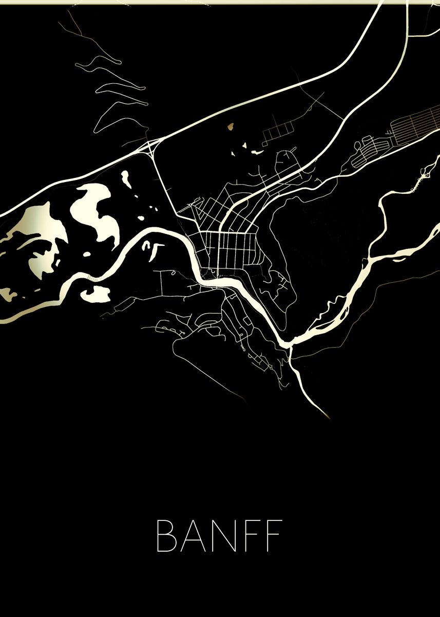 'Black white Banff town map' Poster, picture, metal print, paint by ...