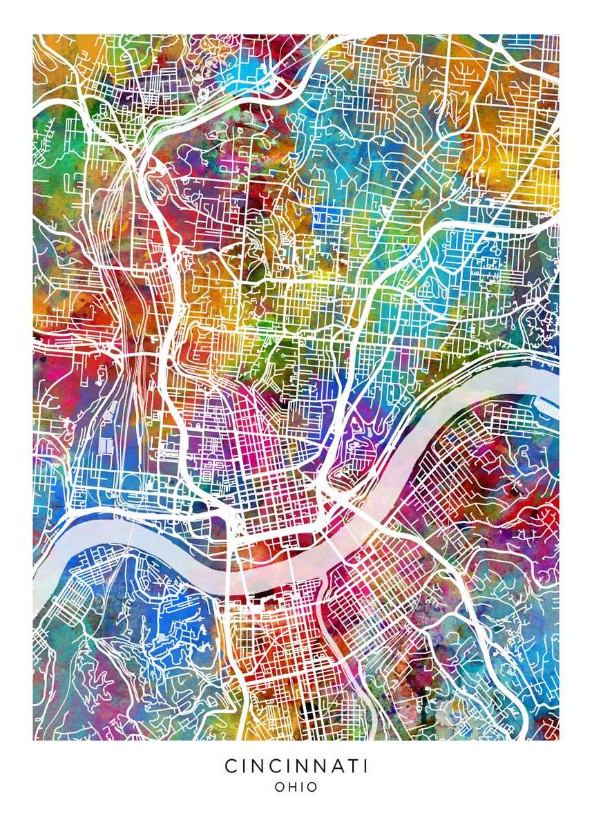 'Cincinnati Ohio Map' Poster, picture, metal print, paint by Michael ...