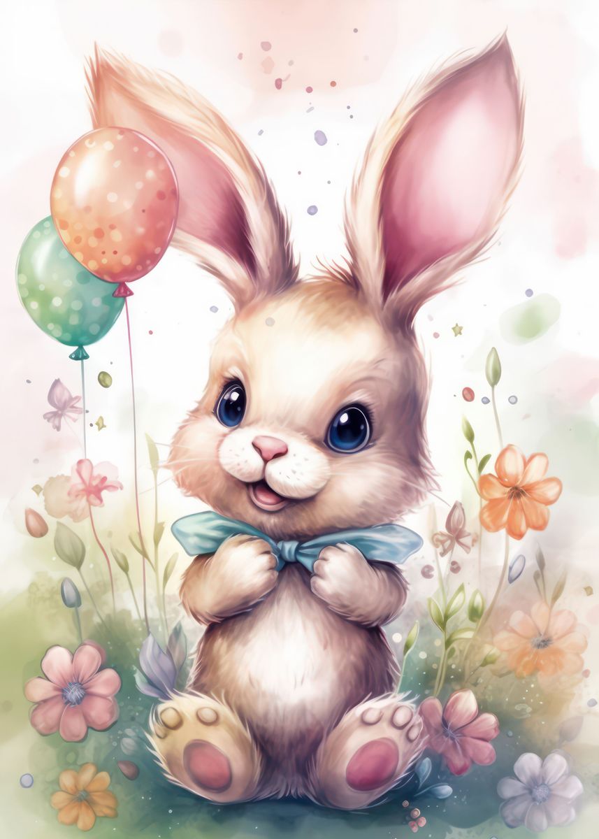 'Cute Bunny with Ballons' Poster, picture, metal print, paint by ...