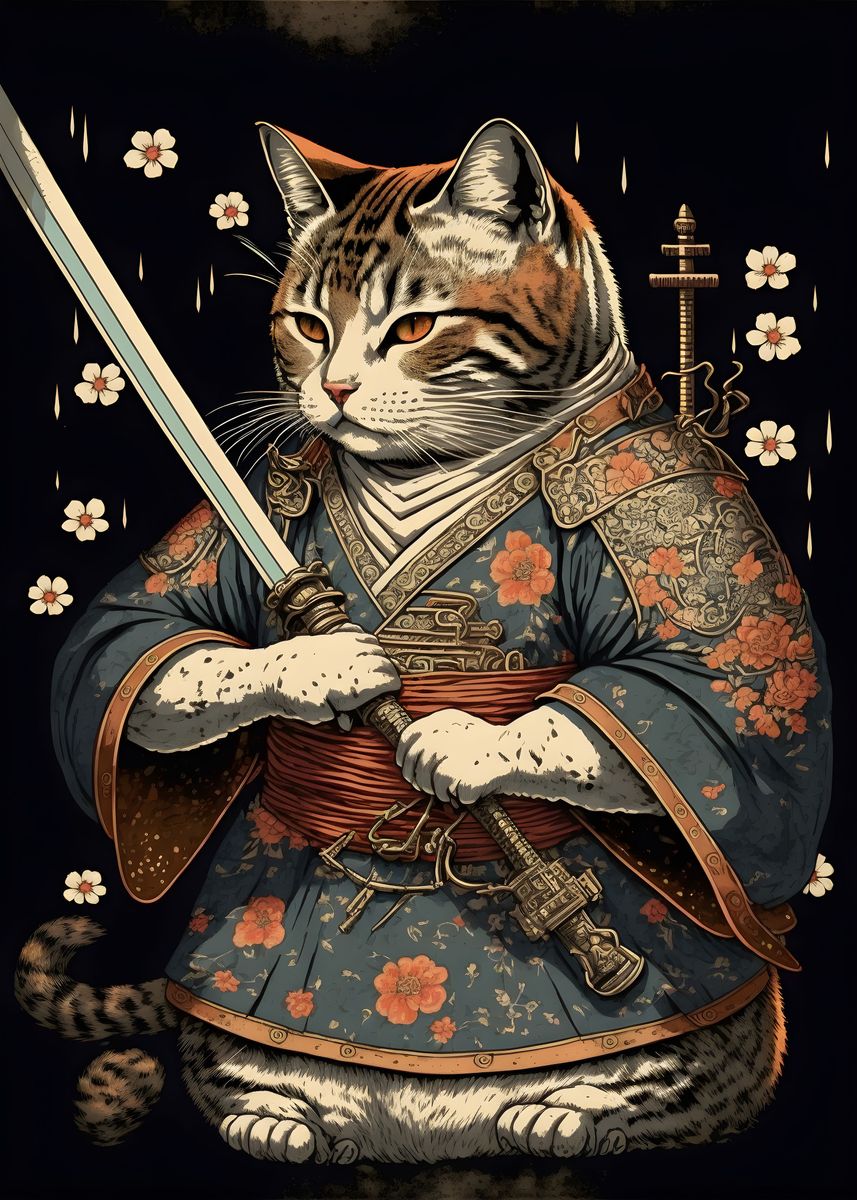 'Cat Japanese Samurai' Poster, picture, metal print, paint by Naso ...