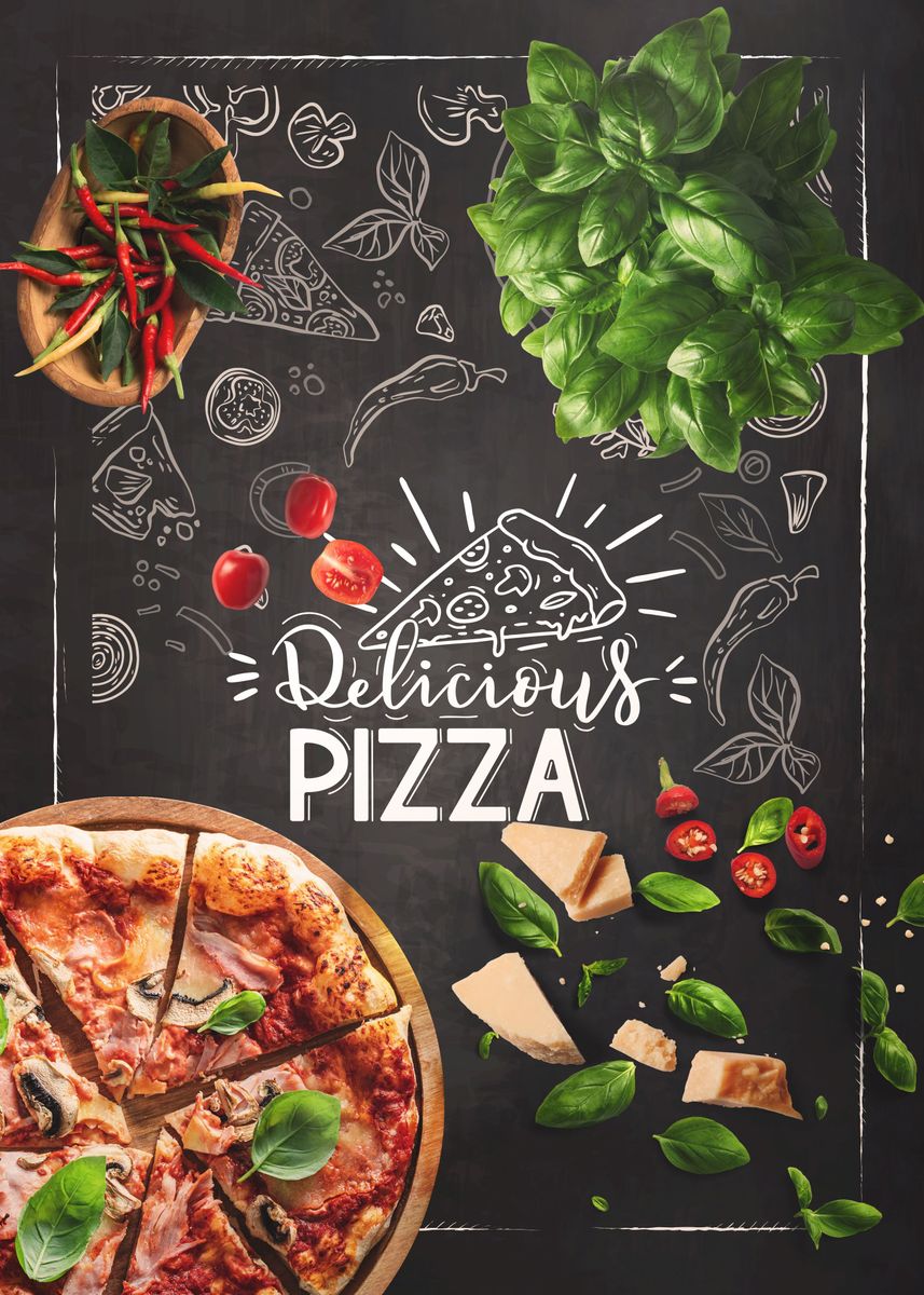 'Delicious Pizza Chalboard' Poster, picture, metal print, paint by ...