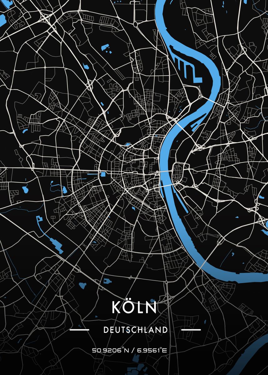 'Cologne night map' Poster, picture, metal print, paint by Christian ...