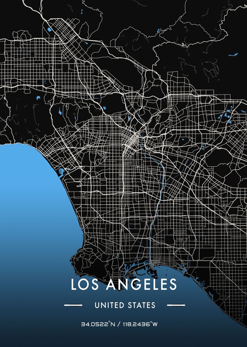 'Los Angeles night map' Poster, picture, metal print, paint by ...