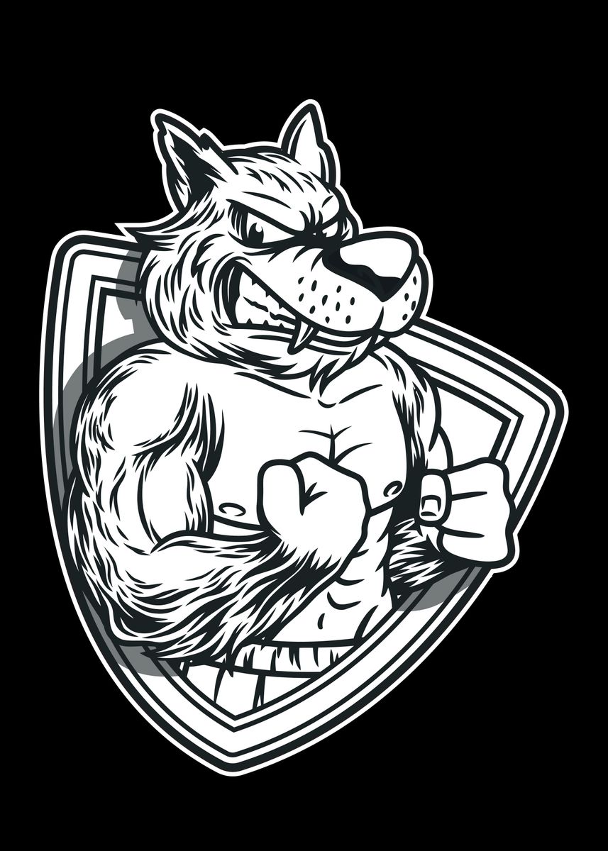 'Wolf fitness mascot BnW' Poster, picture, metal print, paint by hendra ...