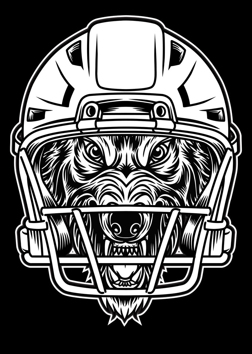 'Wolf Football Helmet BnW' Poster, picture, metal print, paint by ...