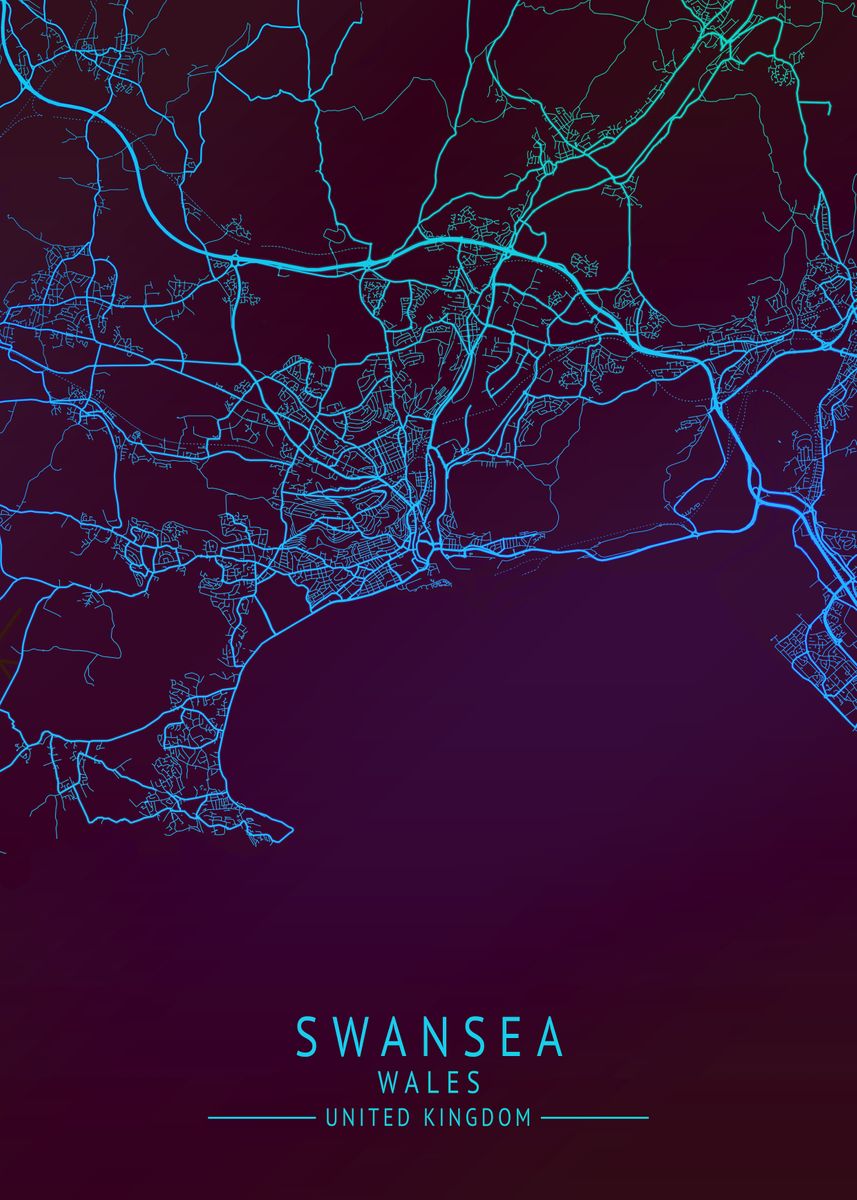 'Swansea Wales UK City Map' Poster, picture, metal print, paint by Gigi ...