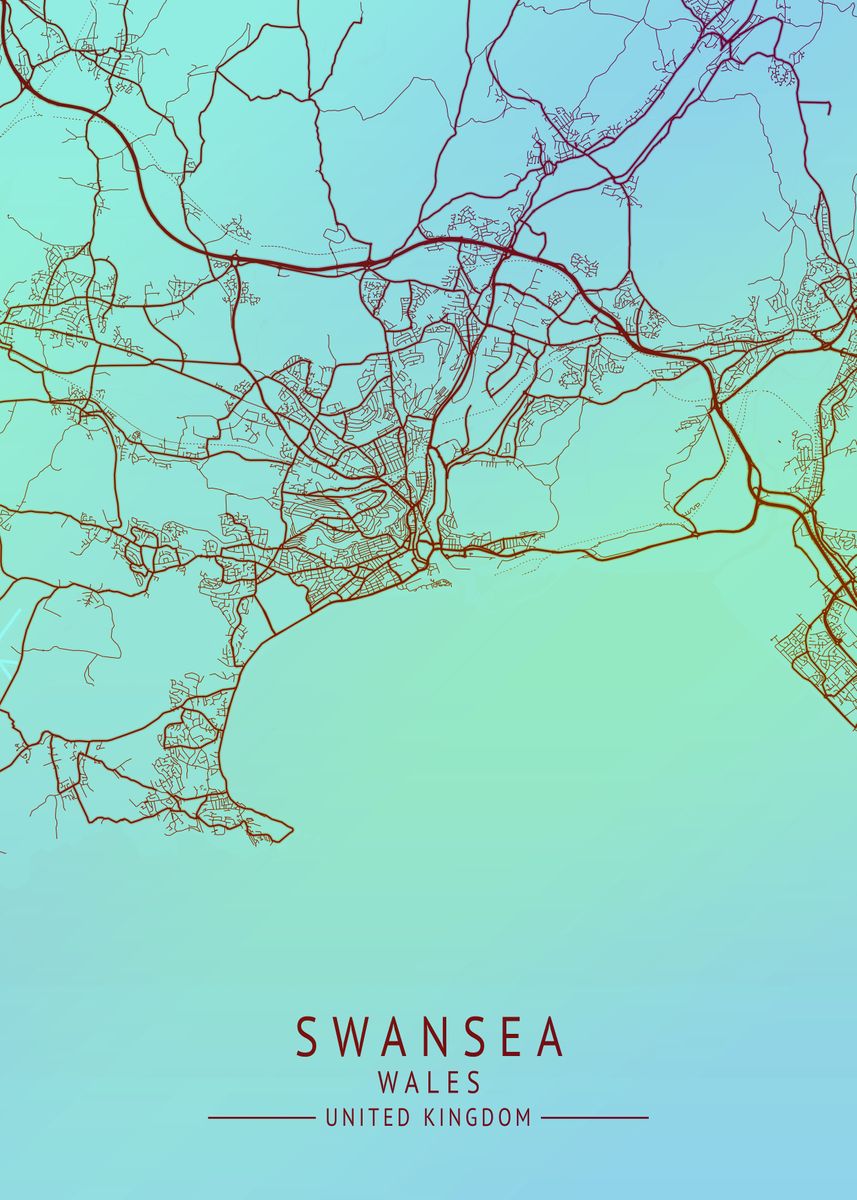 'Swansea Wales UK City Map' Poster, picture, metal print, paint by Gigi ...