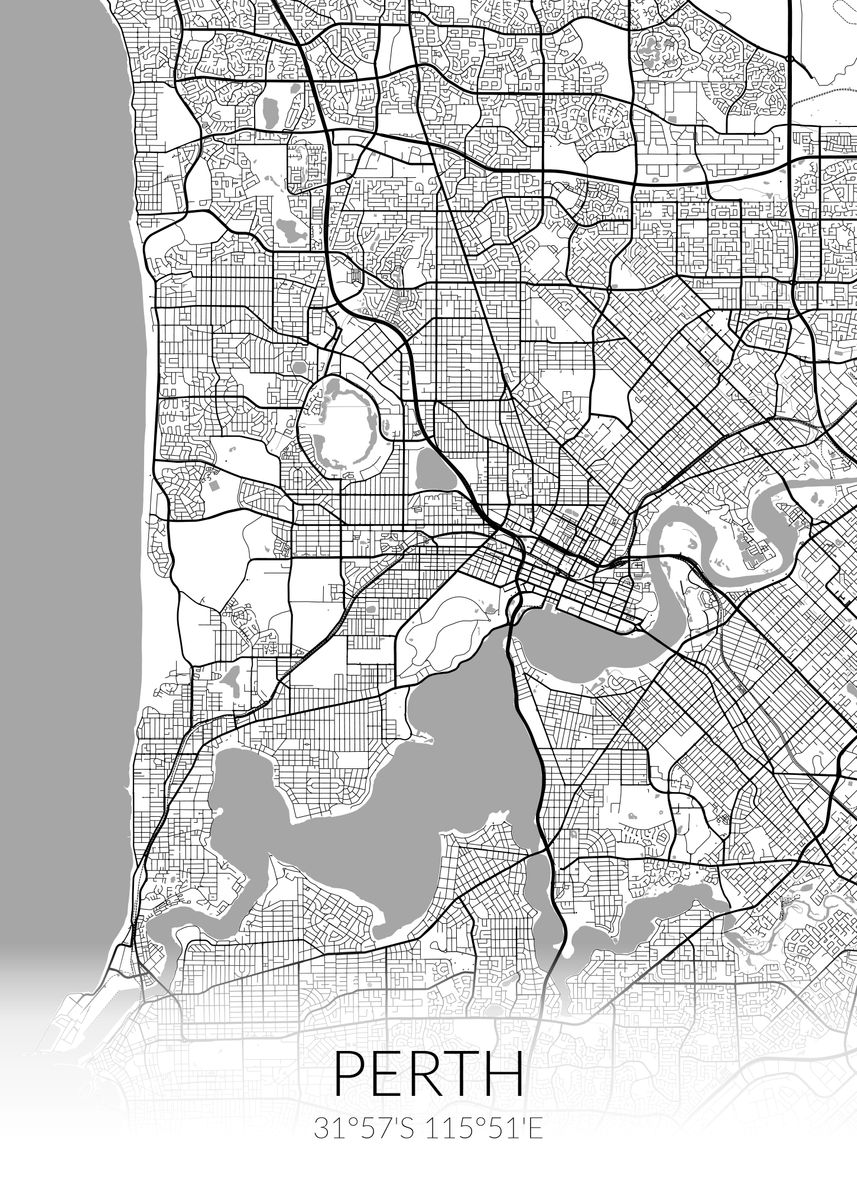 'Perth White Black Map' Poster, picture, metal print, paint by dkDesign | Displate