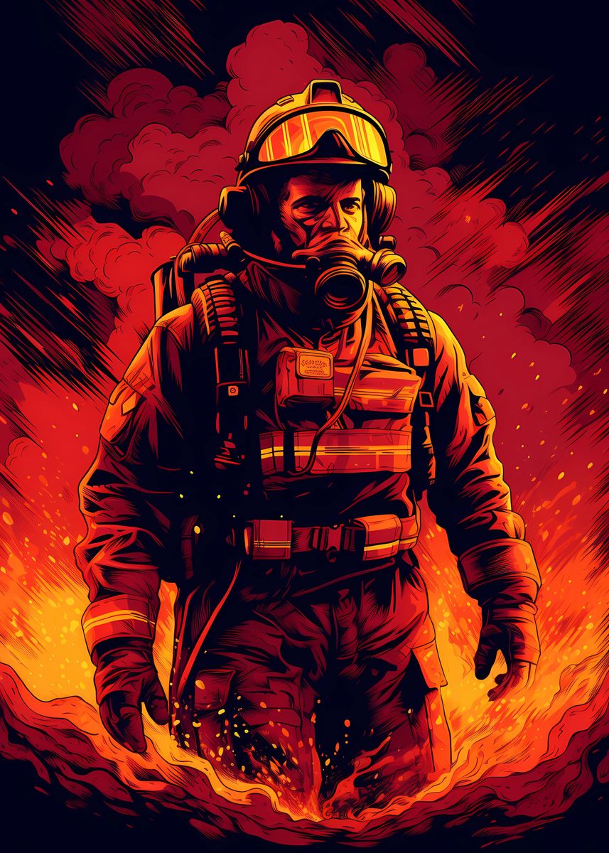 'Firefighter Flame' Poster, picture, metal print, paint by AnHa | Displate