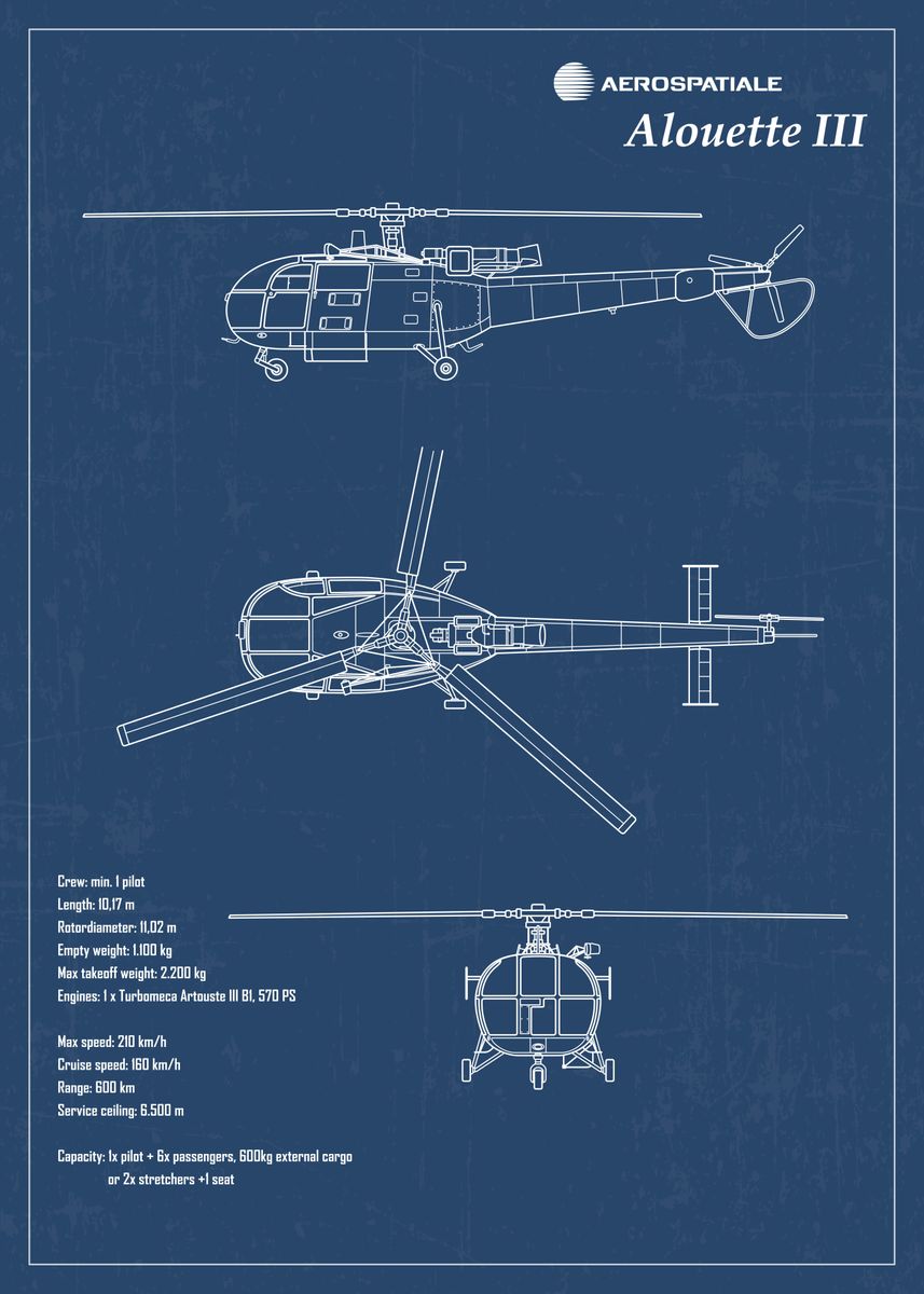 'Alouette III Blueprint' Poster by CHE Aviation | Displate