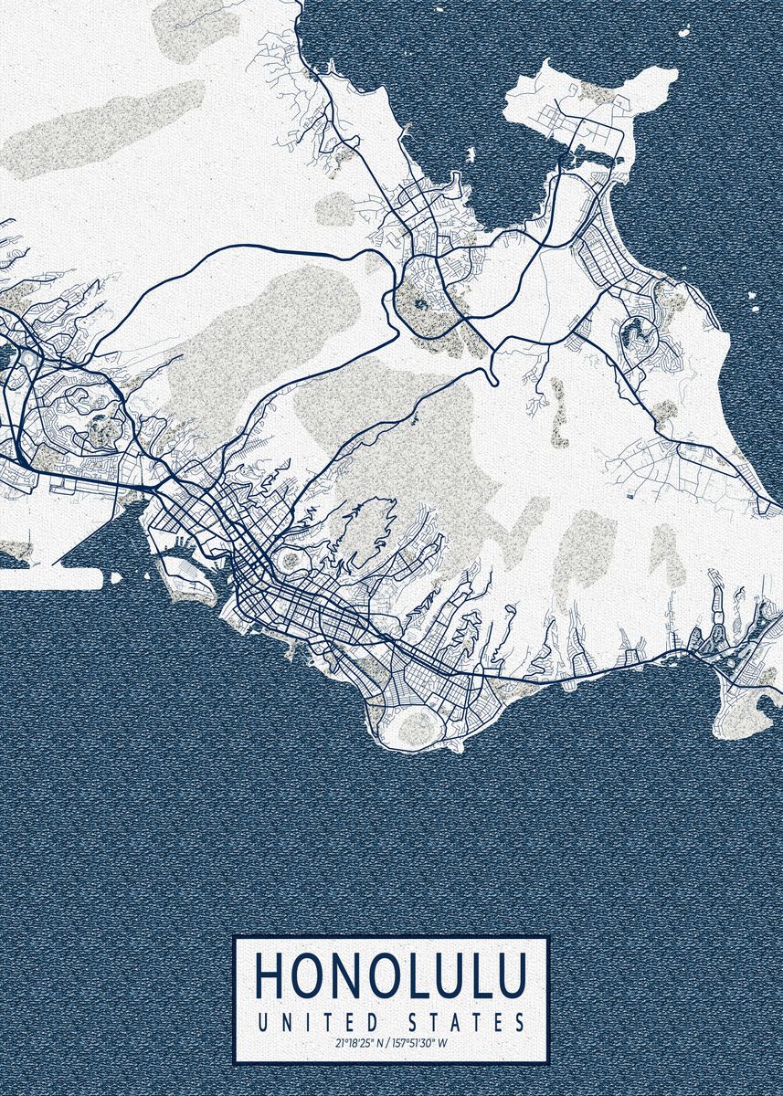 'Honolulu City Map Coastal' Poster, picture, metal print, paint by ...