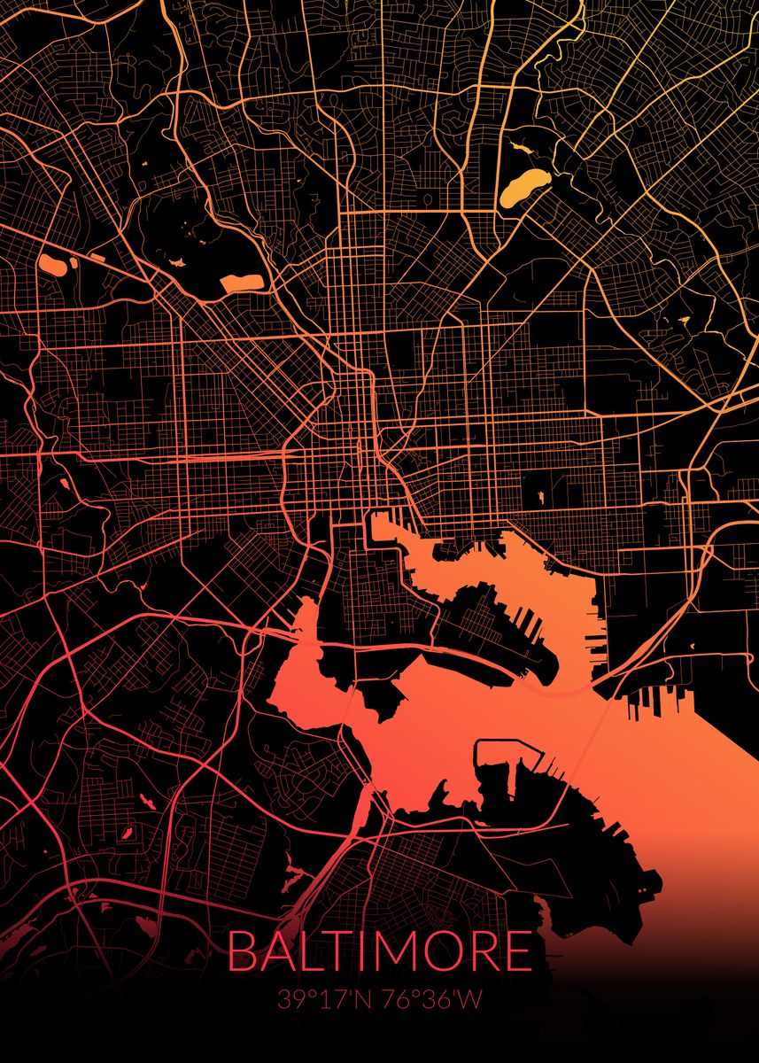 'Baltimore Map Black Orange' Poster, picture, metal print, paint by ...