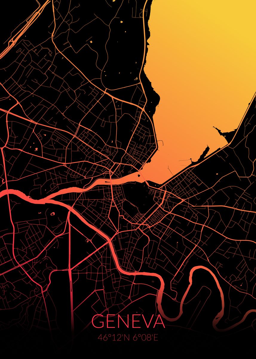 'Geneva Map Black Orange' Poster by dkDesign | Displate
