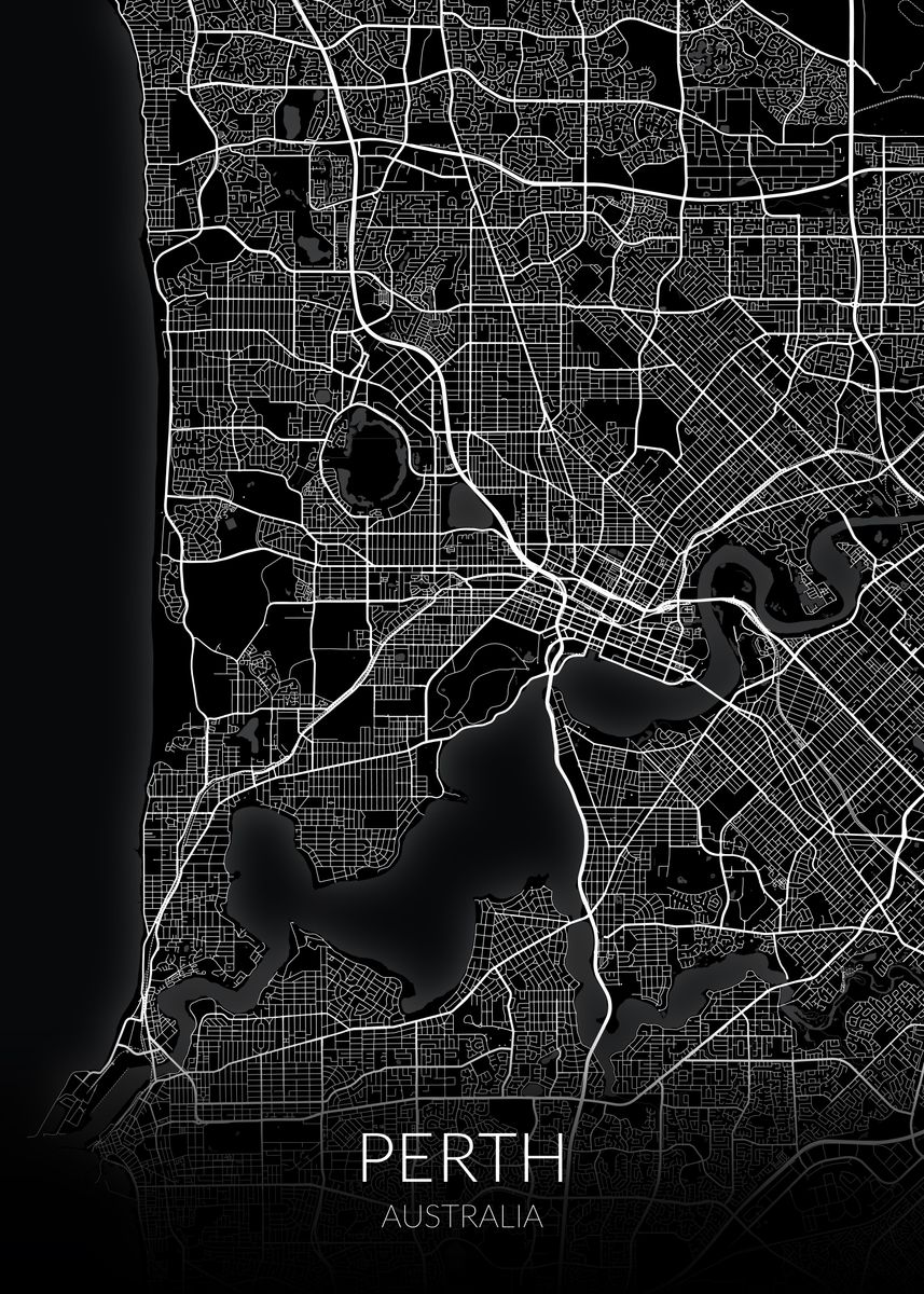 'Perth Map Black' Poster, picture, metal print, paint by dkDesign ...