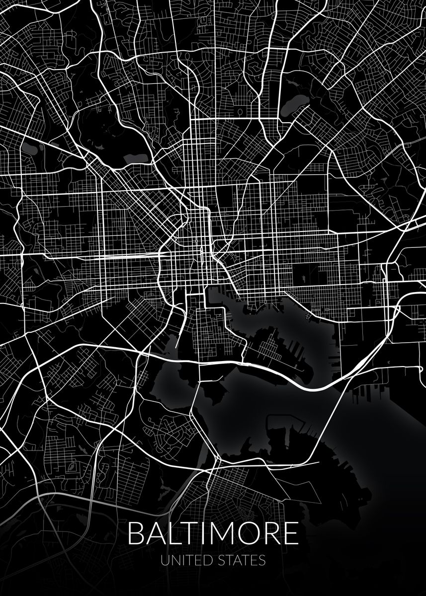 'Baltimore Map Black' Poster, picture, metal print, paint by dkDesign ...