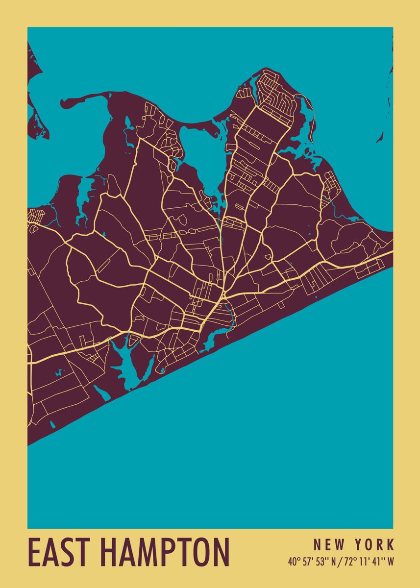 'East Hampton NY map' Poster, picture, metal print, paint by Miracle ...