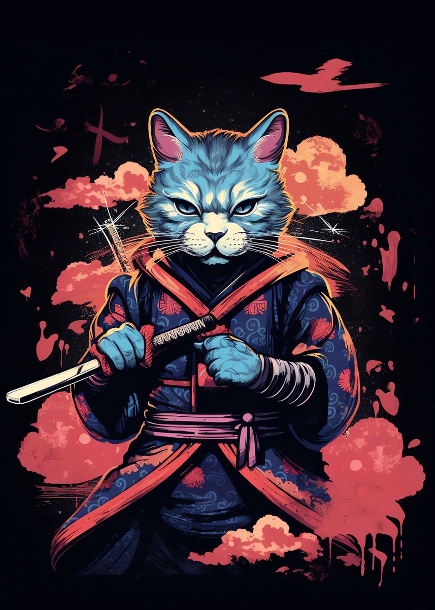 'Samurai Cat Japanese' Poster, picture, metal print, paint by Examm ...