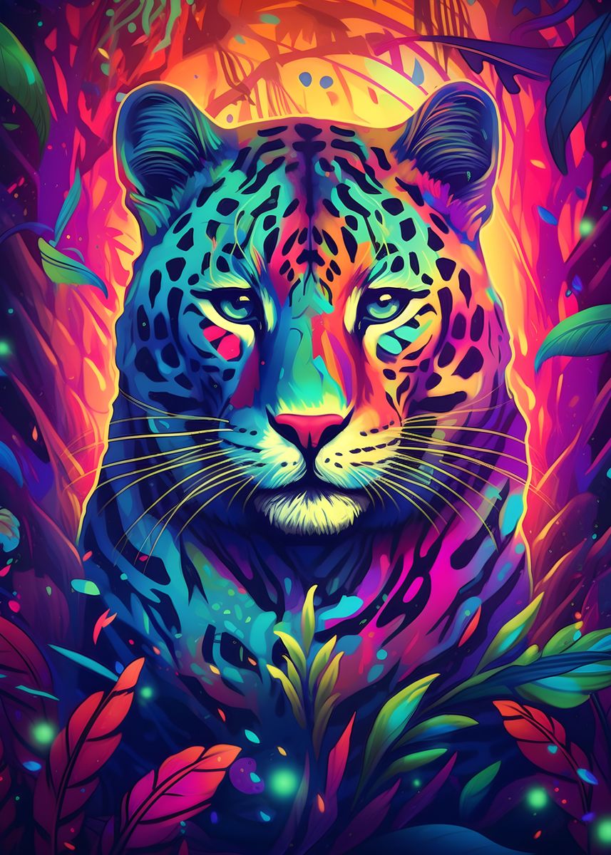 'Neon Ocelot' Poster, picture, metal print, paint by Makadur | Displate