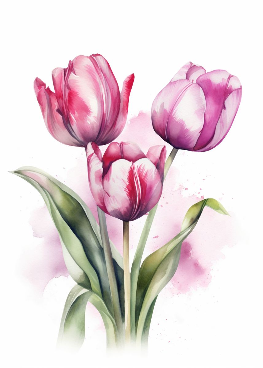 'Pink Tulips' Poster, picture, metal print, paint by Holzkovic | Displate