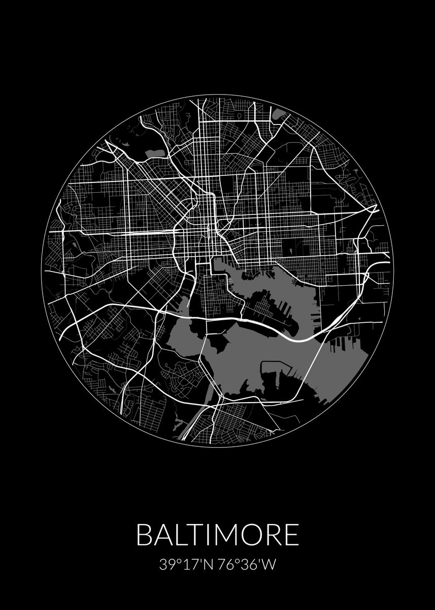 'Baltimore Circle Map Black' Poster, picture, metal print, paint by ...