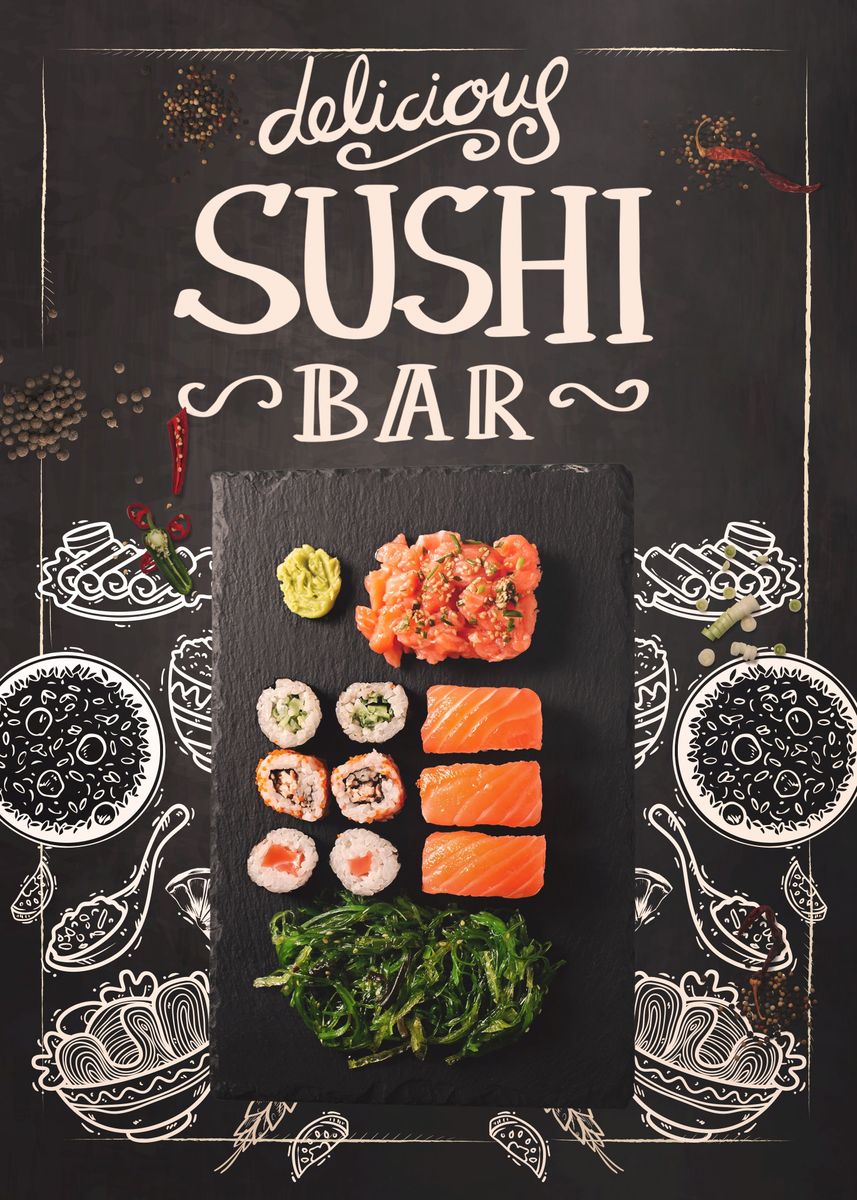 'Sushi Menu Chalkboard' Poster, picture, metal print, paint by Stefan ...