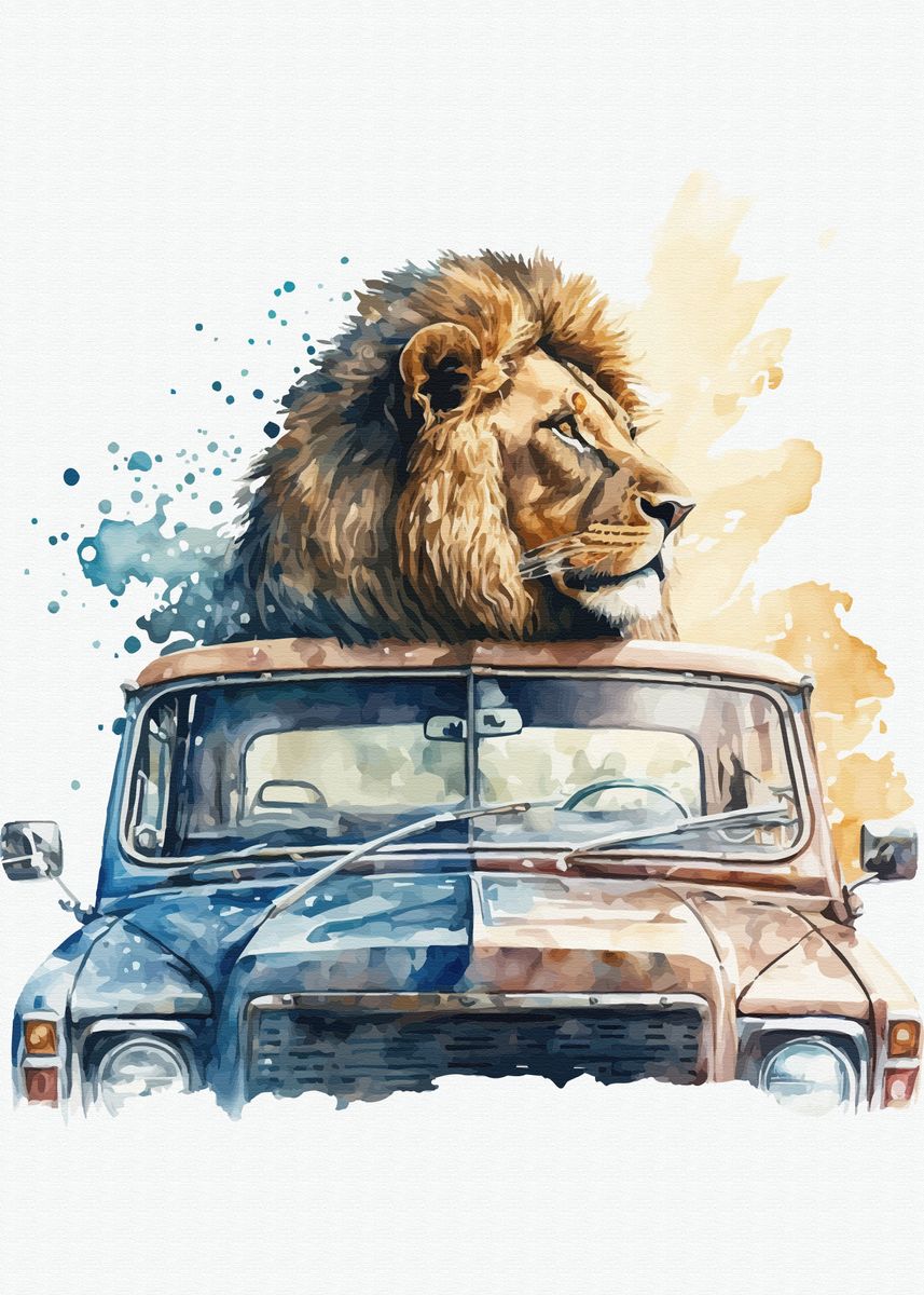 'Lion go by car' Poster, picture, metal print, paint by Cao Thi Hieu ...