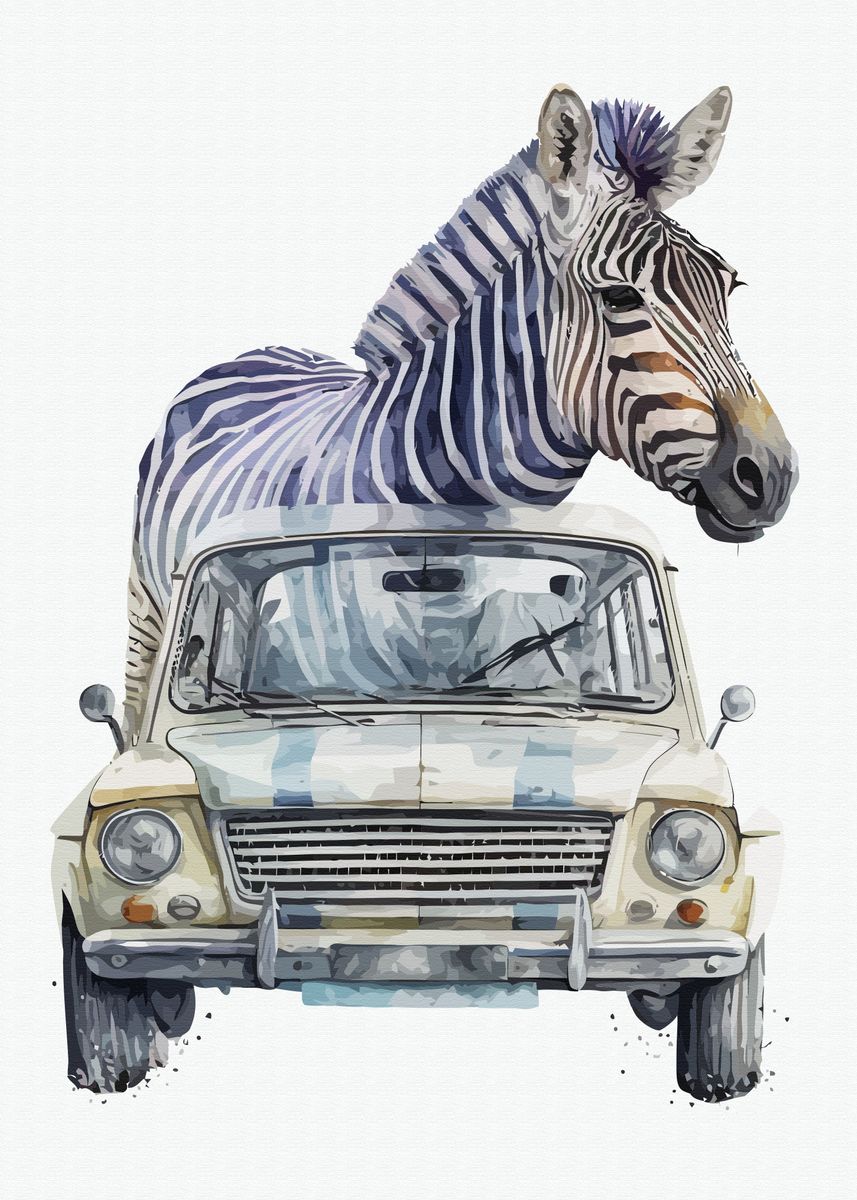 'Zebra go by car' Poster, picture, metal print, paint by Cao Thi Hieu ...
