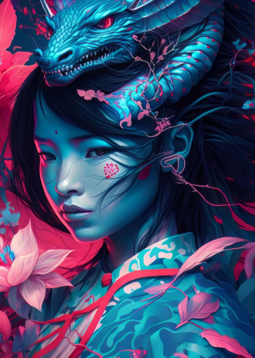 'Geisha Dragon Neon' Poster, picture, metal print, paint by Graphic ...
