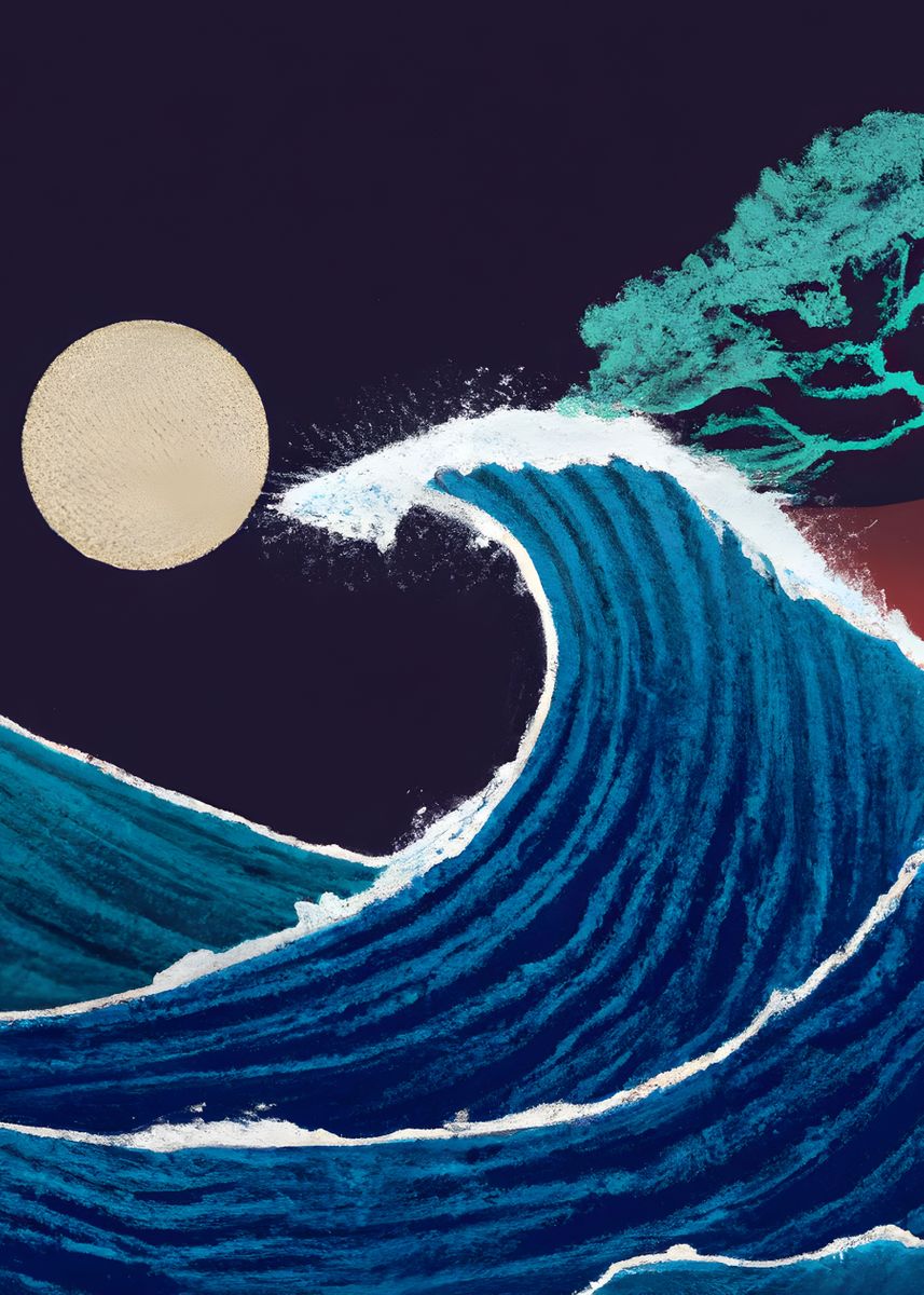 'Full Moon Midnight Wave' Poster, picture, metal print, paint by ...
