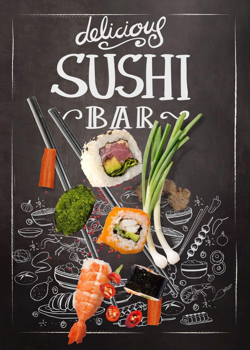 'Falling Sushi Chalkboard' Poster, picture, metal print, paint by ...