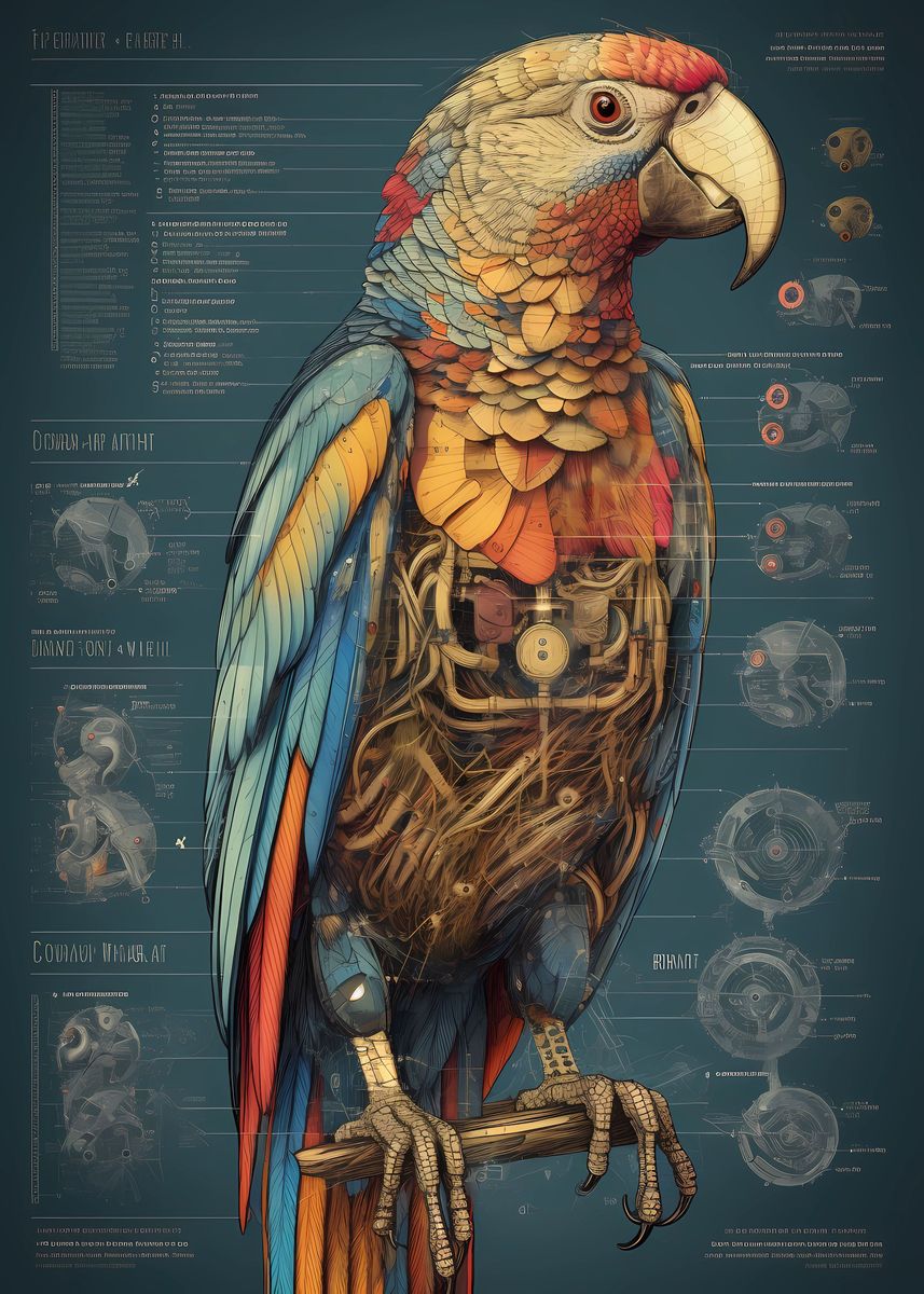 'Cyborg Parrot Infografic' Poster, picture, metal print, paint by Frank ...