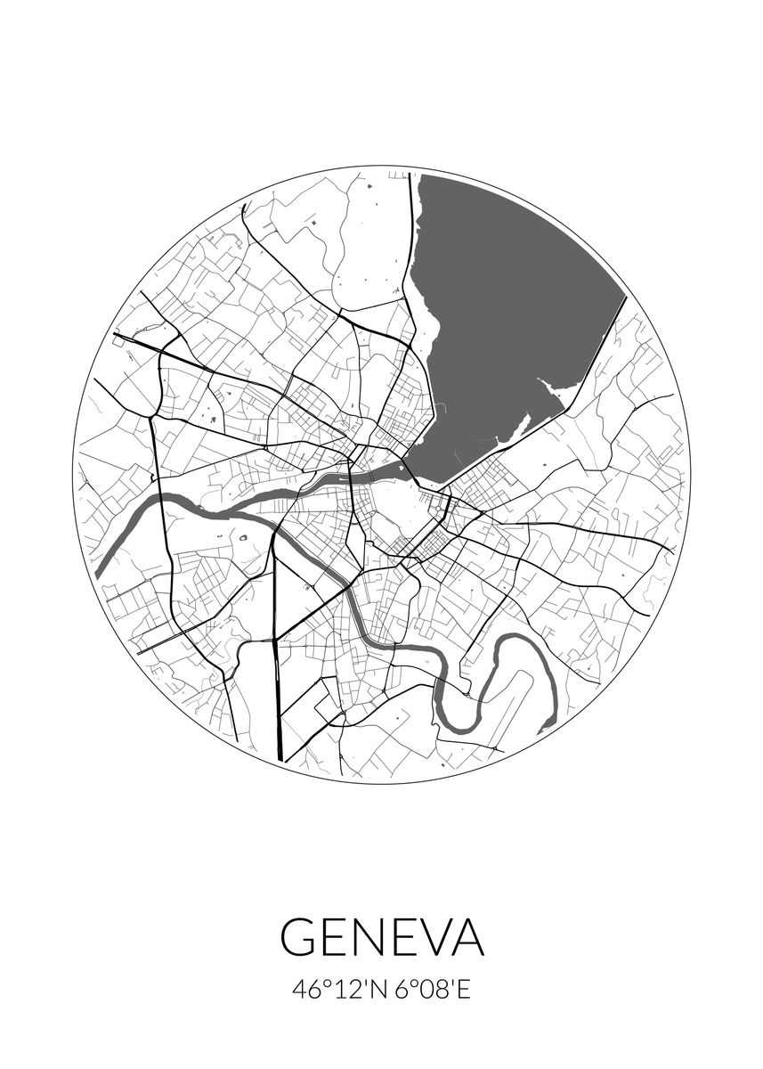 'Geneva Circle Map White' Poster, picture, metal print, paint by ...