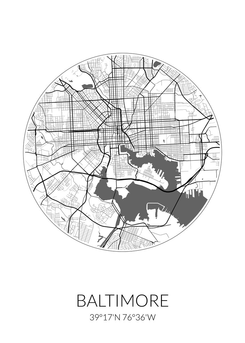 'Baltimore Circle Map White' Poster, picture, metal print, paint by ...