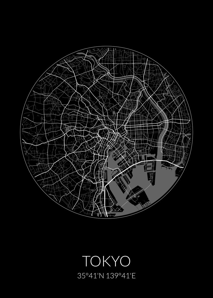 'Tokyo Circle Map Black' Poster, picture, metal print, paint by ...