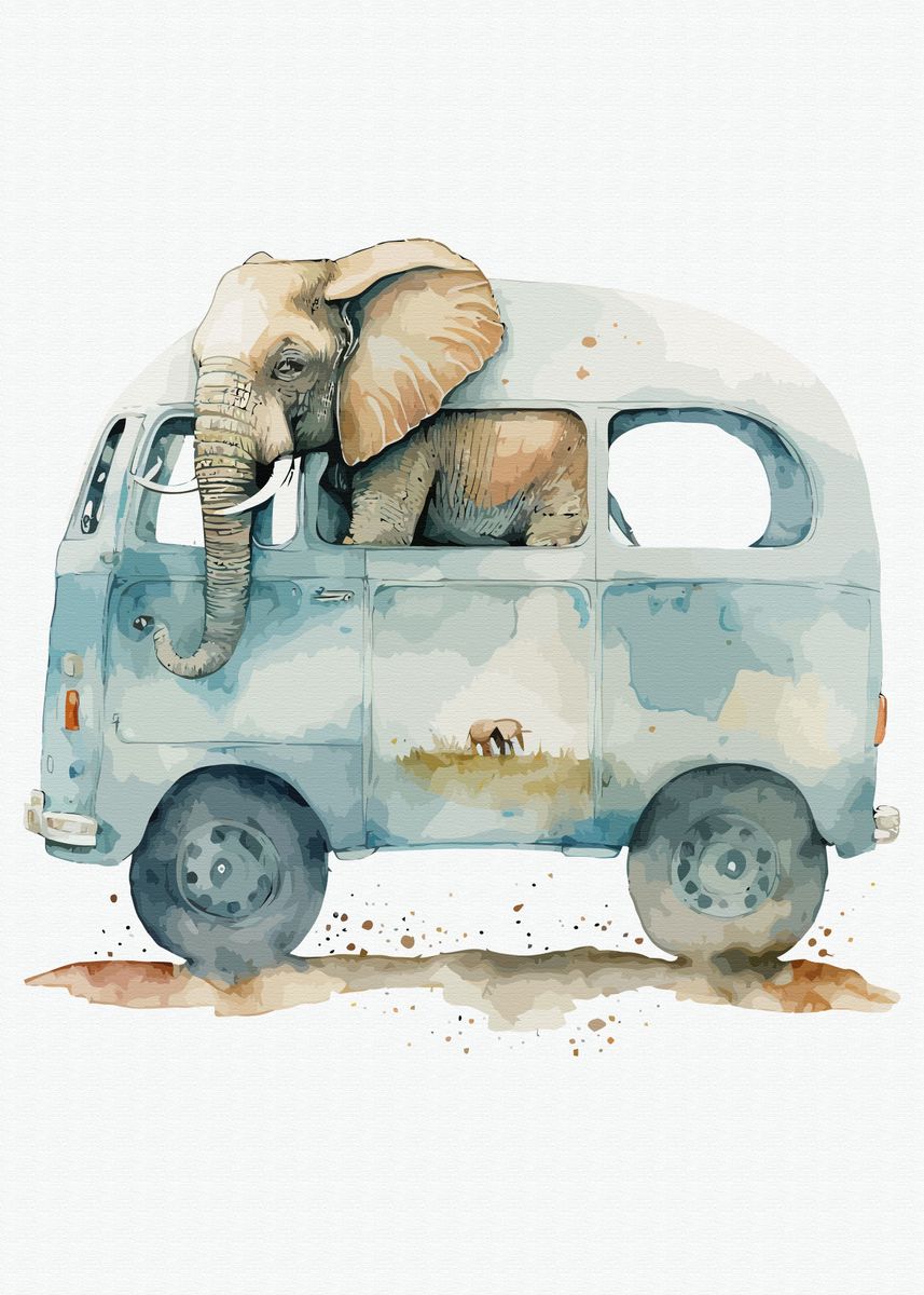 'Elephant go by car' Poster, picture, metal print, paint by Cao Thi ...