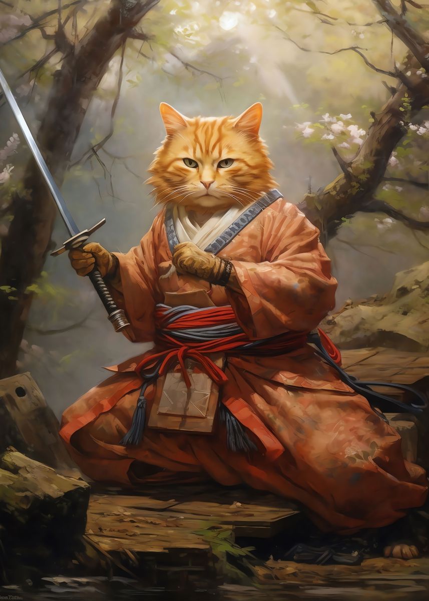 'Samurai Cat Japanese' Poster, picture, metal print, paint by Examm ...
