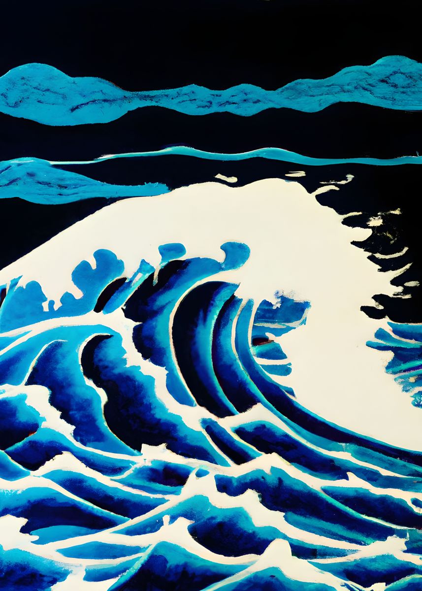 'Big Blue Wave at Night' Poster, picture, metal print, paint by ...