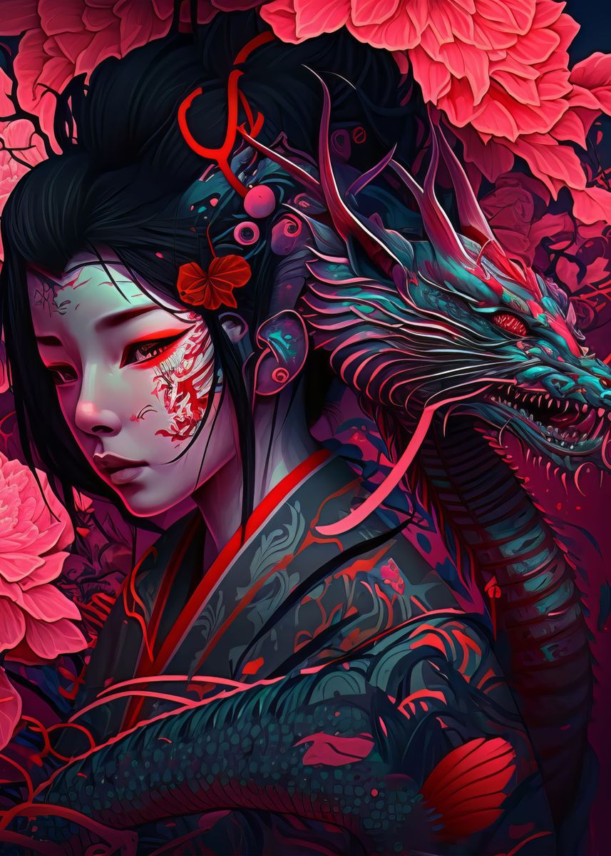 'Geisha Dragon Neon' Poster, picture, metal print, paint by Graphic ...