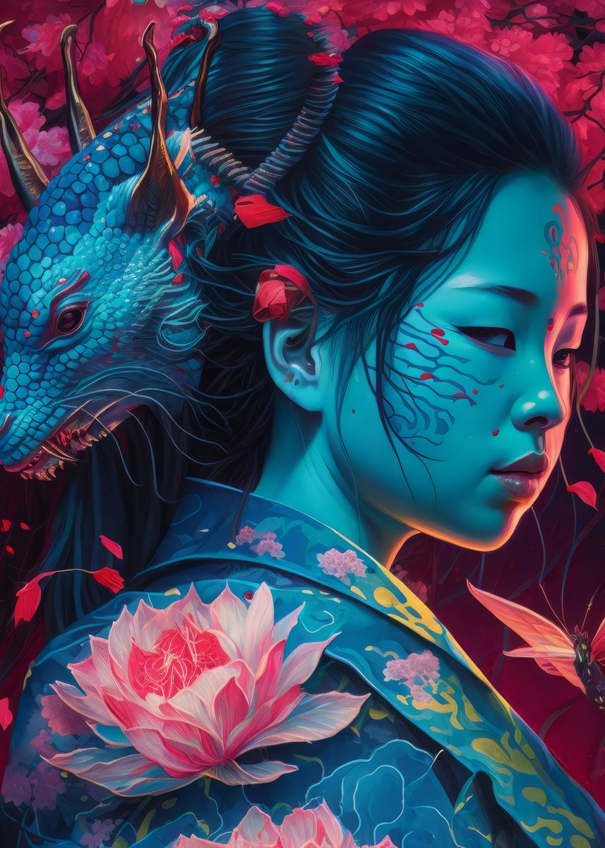 'Geisha Dragon Neon' Poster, picture, metal print, paint by Graphic ...