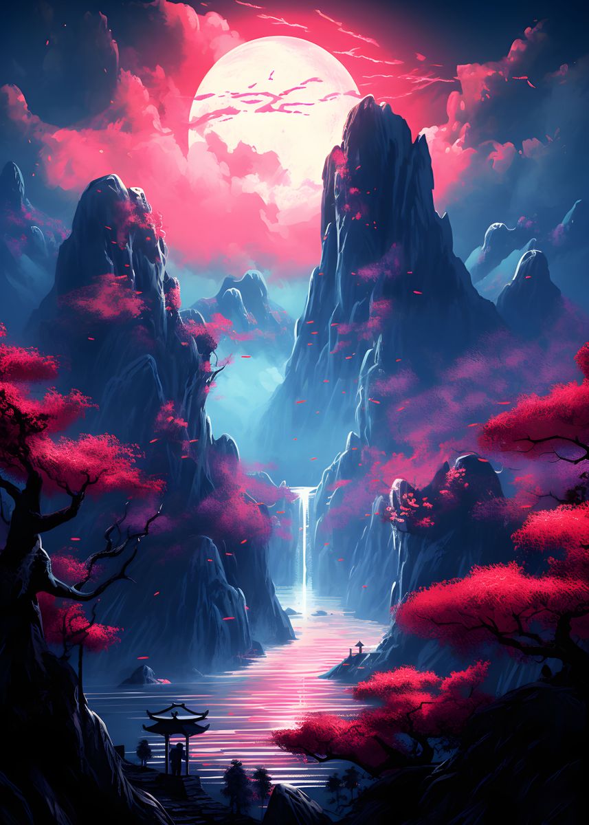 'Moonlight Sakura Peaks' Poster, picture, metal print, paint by ...