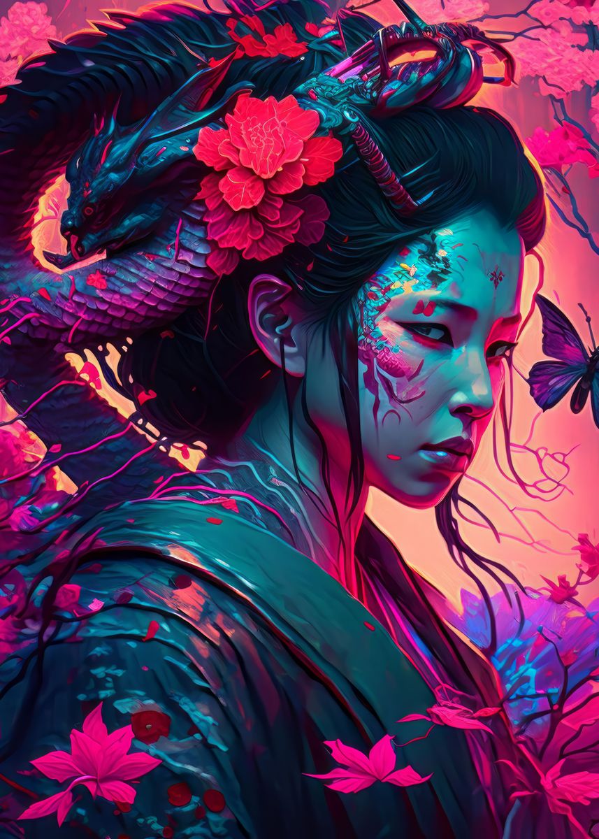 'Geisha Dragon Neon' Poster, picture, metal print, paint by Graphic ...